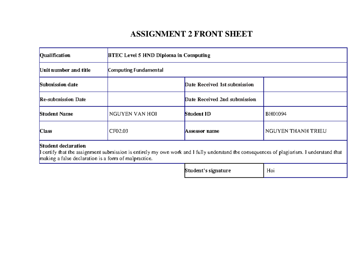 ASM2 1st CF02 Nguyenvanhoi BH01094 - ASSIGNMENT 2 FRONT SHEET ...