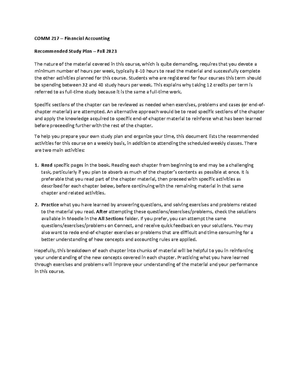 Recommended Study Plan - COMM 217 – Financial Accounting Recommended ...