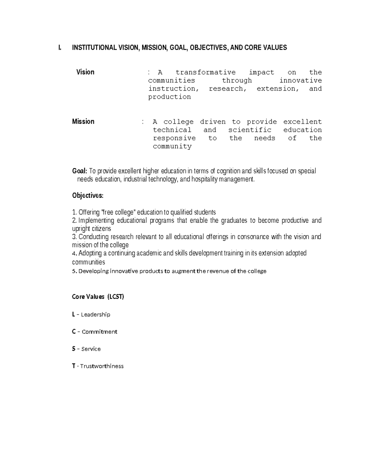 Institutional Vision - Summary batchelor of secondary education major ...