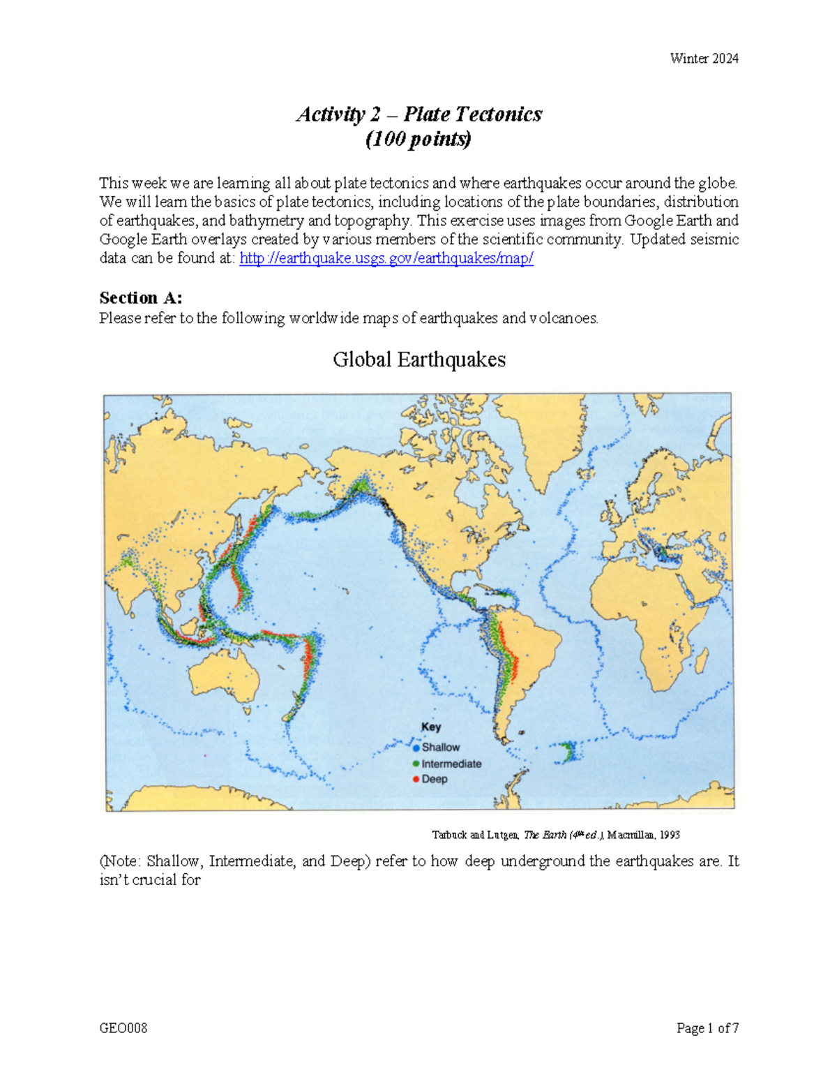 Activity 2 Plate Tectonics W24 - Activity 2 – Plate Tectonics (100 ...