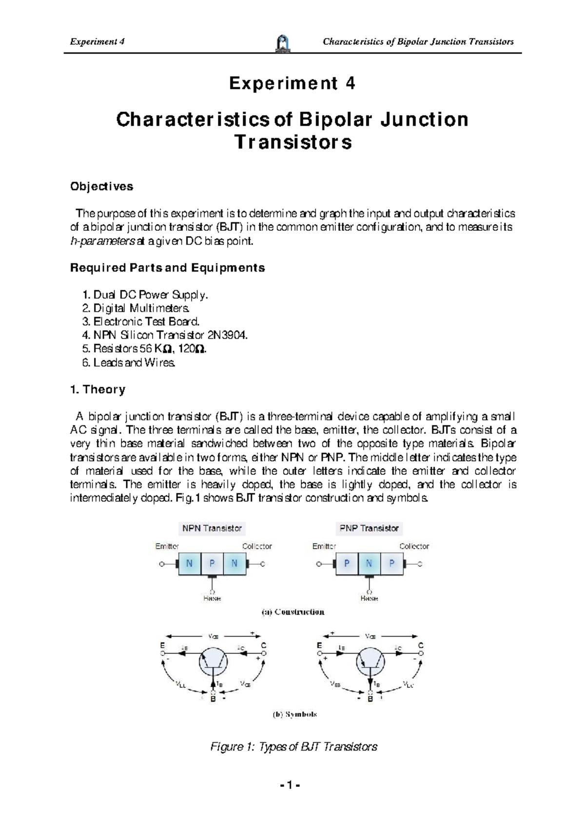 Experiment 4 Characteristics of Bipolar Junction Transistors ...