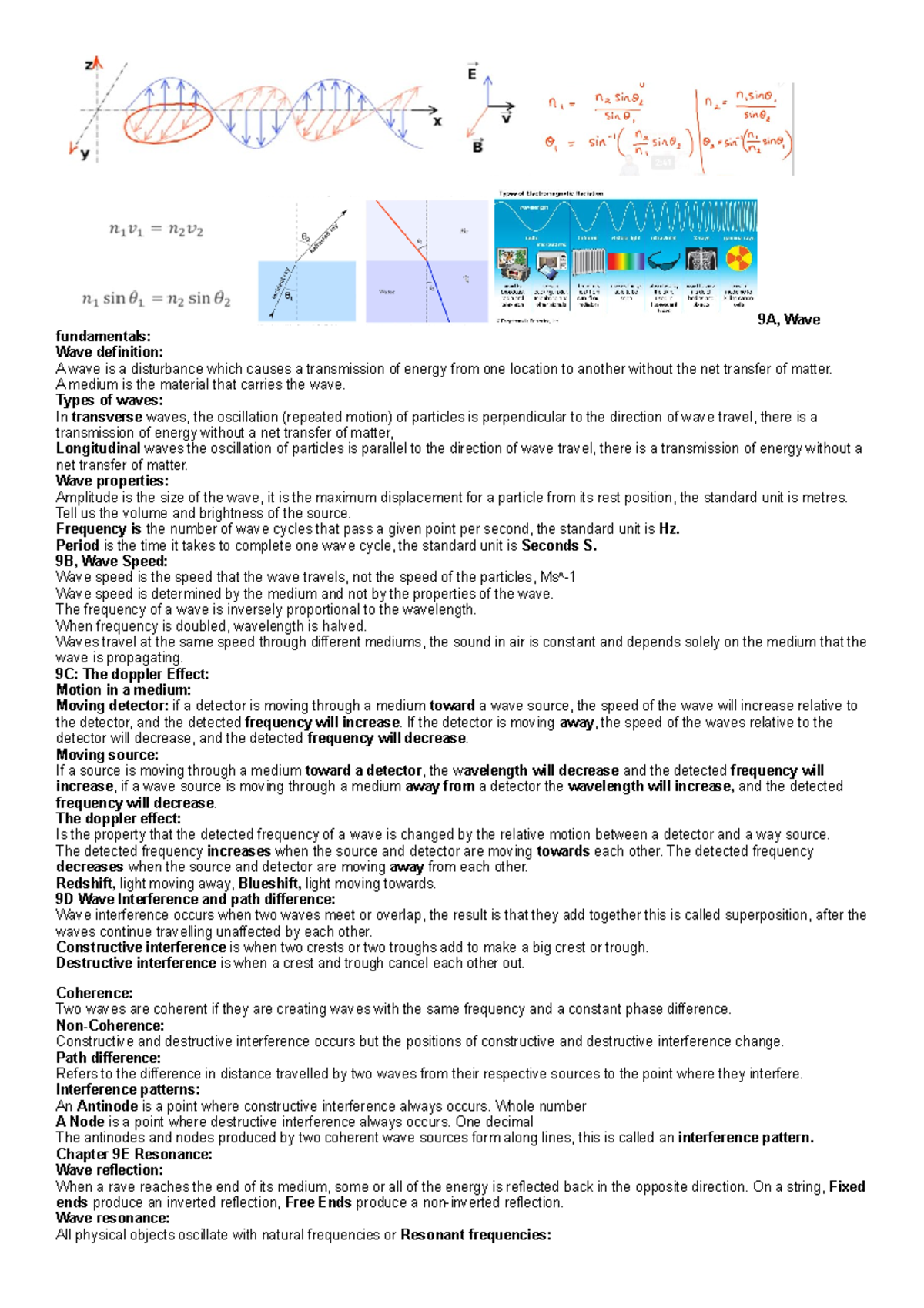 Physics Cheat Sheet Waves - 9A, Wave fundamentals: Wave definition: A ...