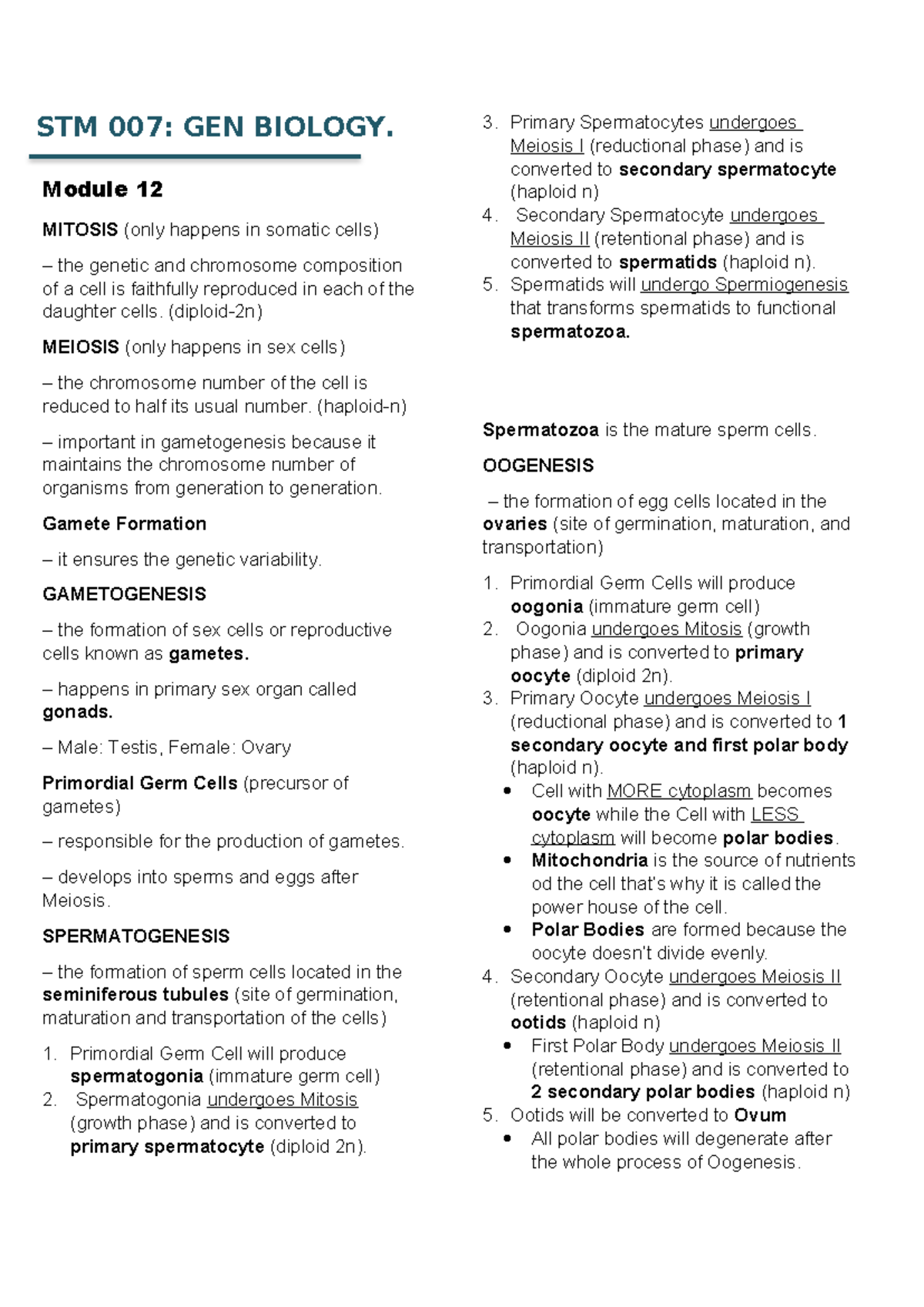 GEN-BIO- Reviewer - STM 007: GEN BIOLOGY. Module 12 MITOSIS (only ...