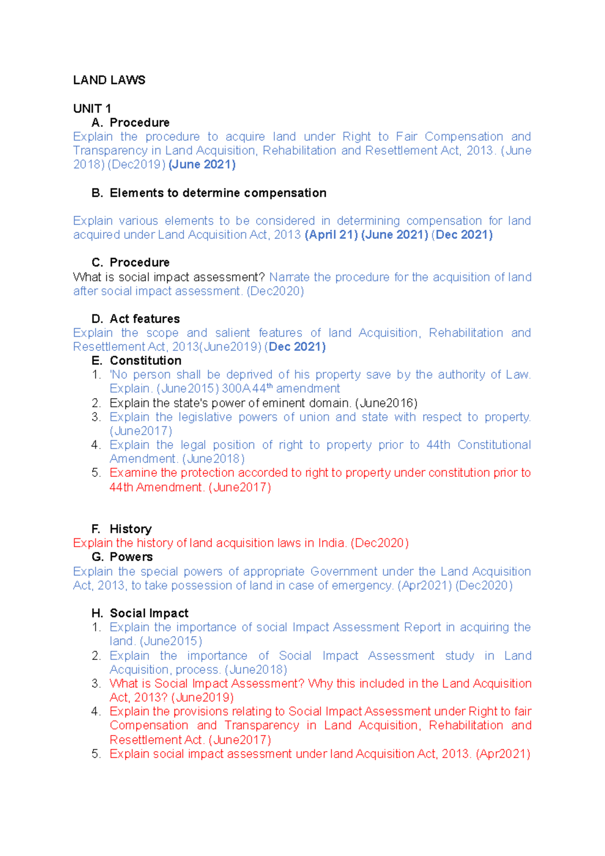 Unit 1 Land Laws KSLU Q Papers - LAND LAWS UNIT 1 A. Procedure Explain ...