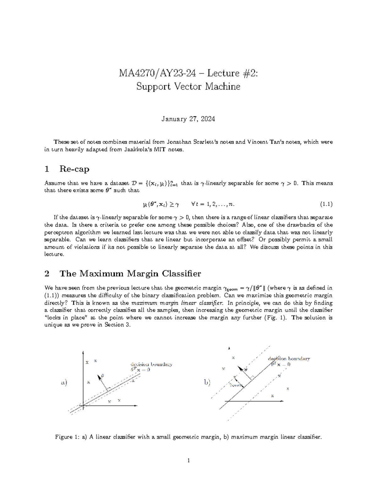 02-SVM Expanded - MA4270/AY23-24 – Lecture #2: Support Vector Machine January 27, 2024 These set ...