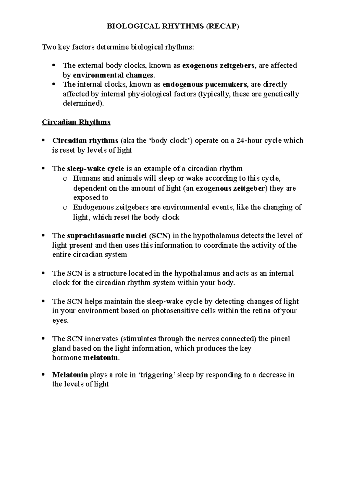 Biological rhythms- Recap - BIOLOGICAL RHYTHMS (RECAP) Two key factors ...