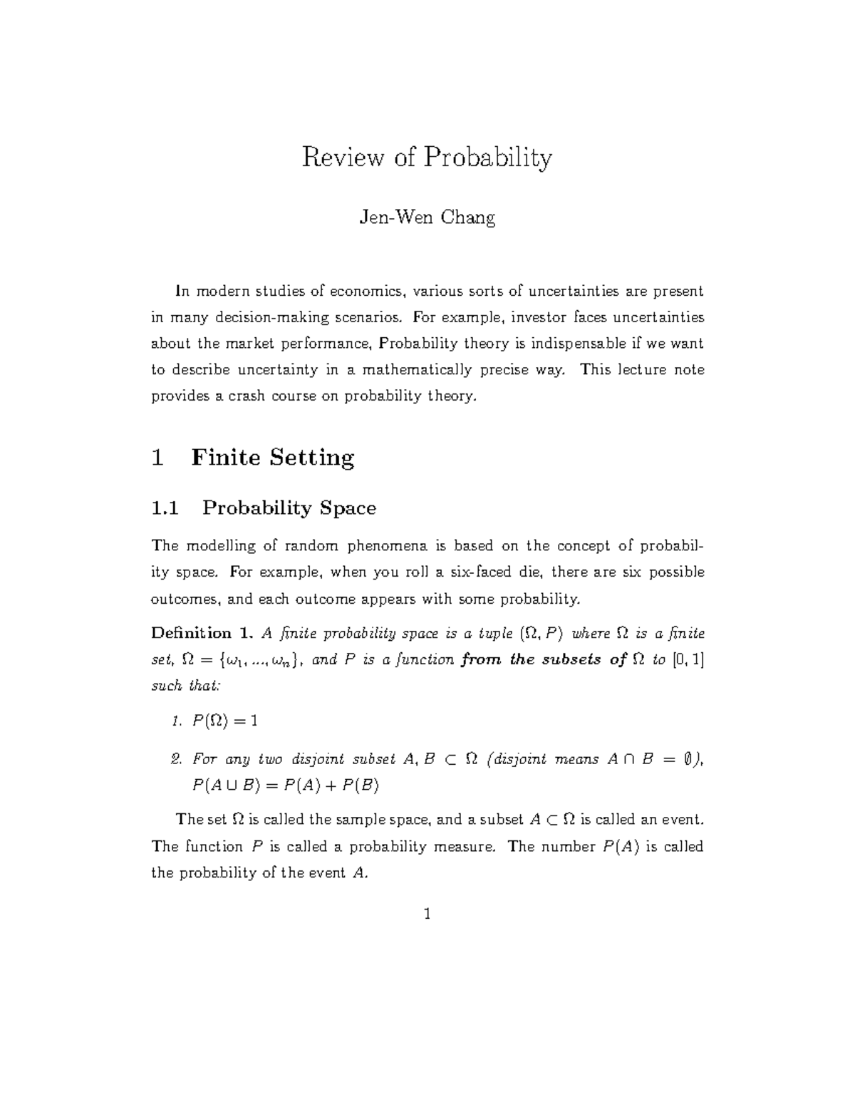 Lecture I Probability Theory - Review of Probability Jen-Wen Chang In ...