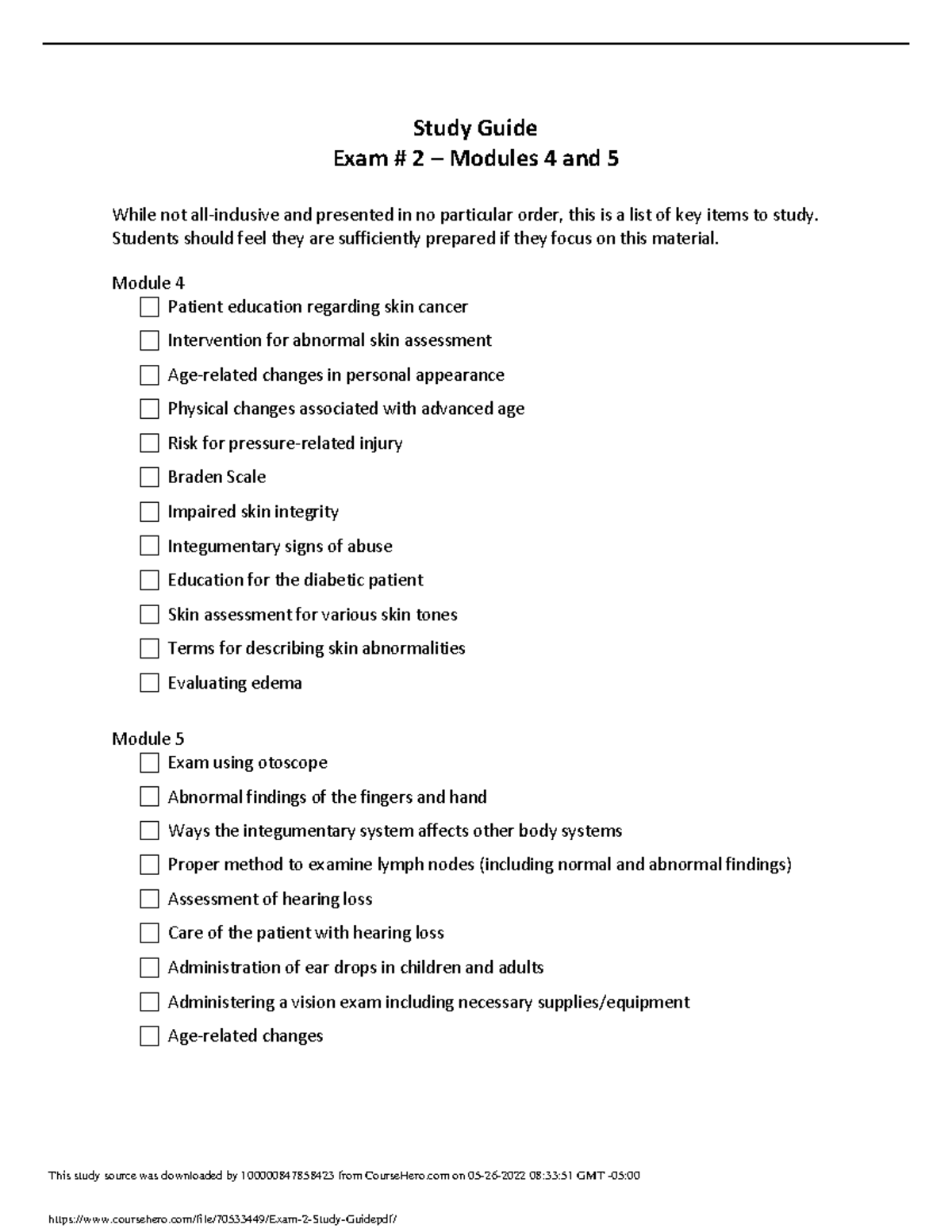 NUR216 Exam 2 checklist - Study Guide Exam # 2 – Modules 4 and 5 While ...