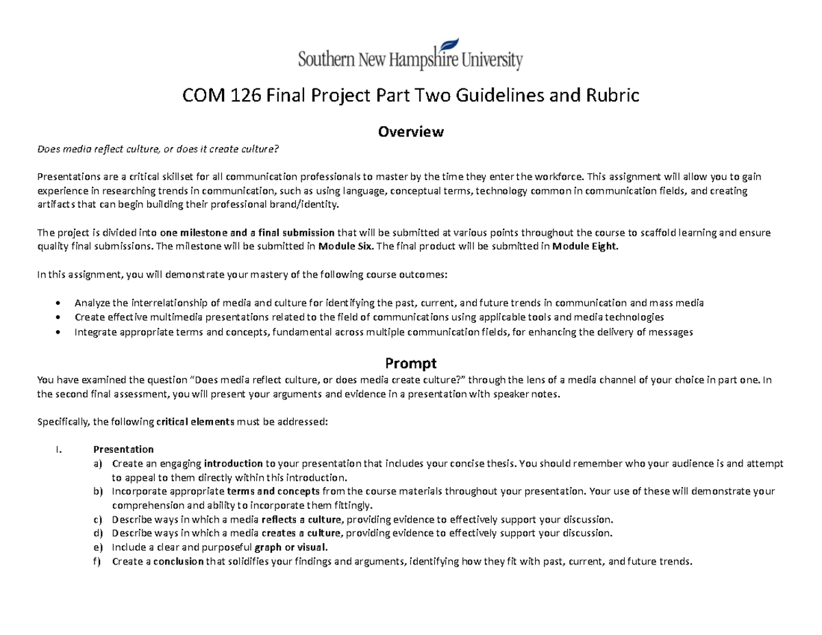COM 126 Final Project Part Two Guidelines and Rubric - COM 126 Final Project Part Two Guidel ...