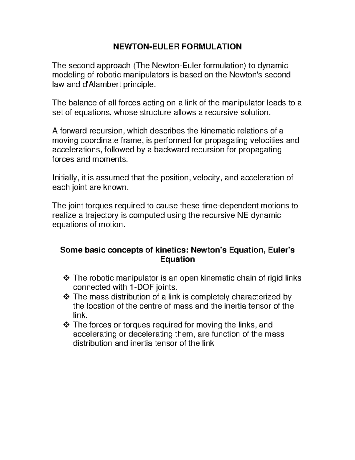 Robotics Dynamic Model Ne Formulation Newton Euler Formulation