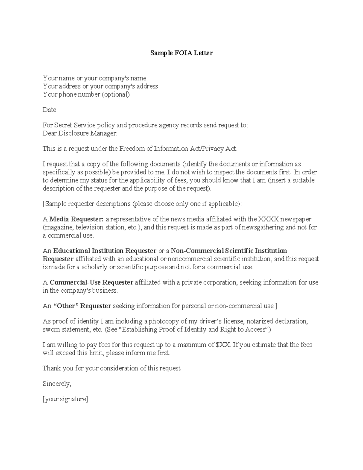 Sample FOIA Letter - Discovery Requests - Sample FOIA Letter Your name ...