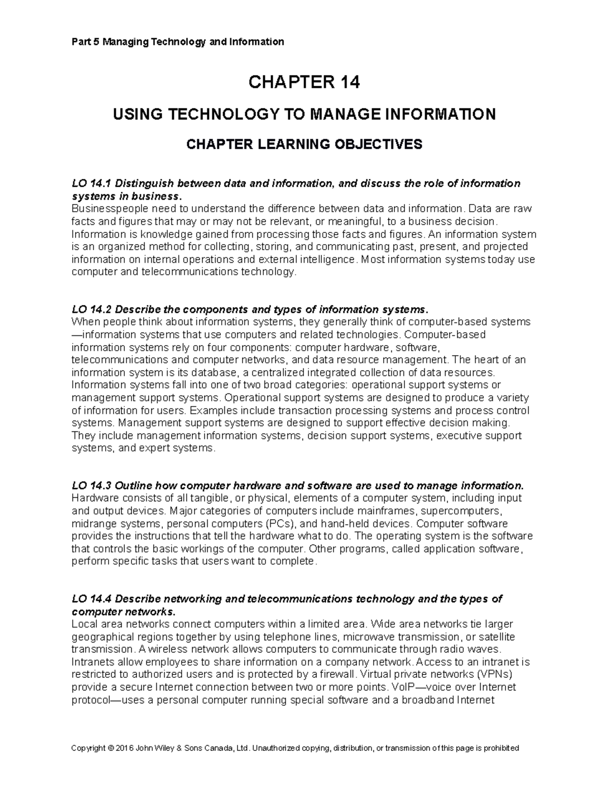 Test Bank questions chap 14 - Part 5 Managing Technology and ...