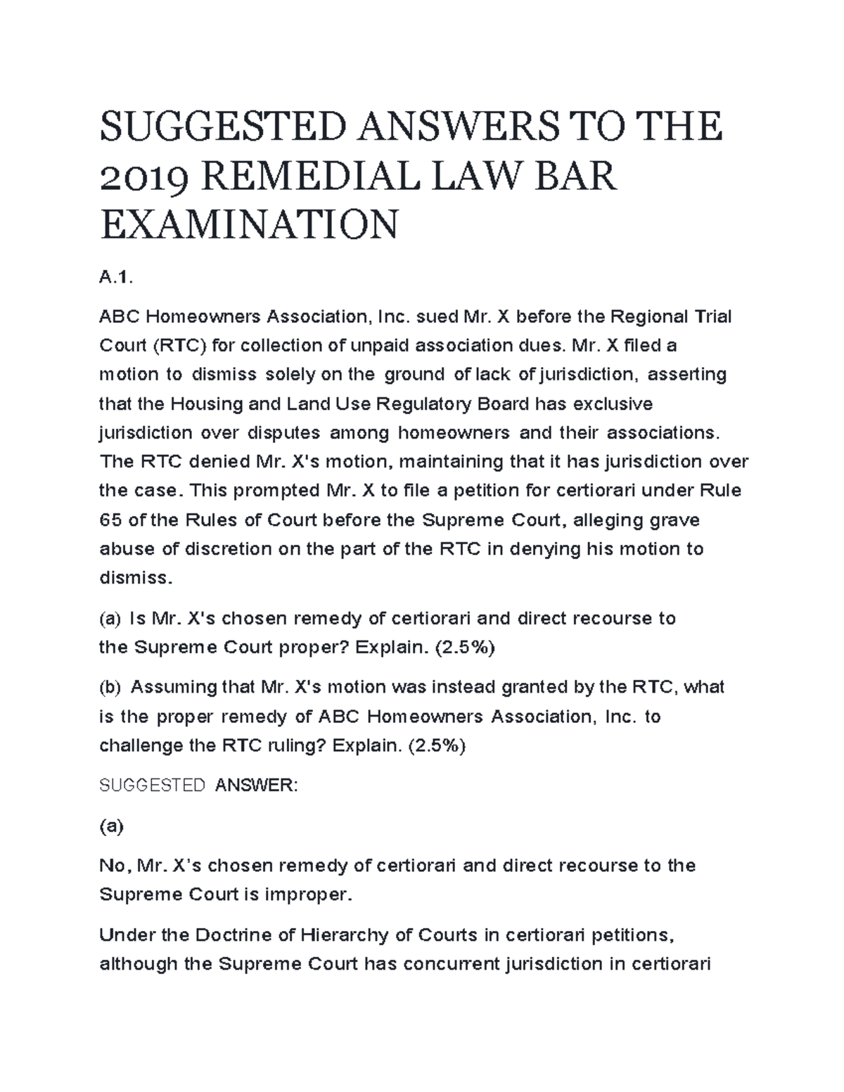 Suggested answers to the 2019 remedial law bar examination - SUGGESTED ANSWERS TO THE 2019 ...