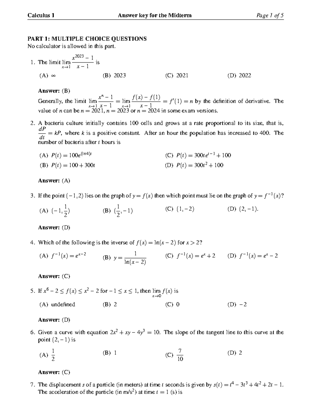 Cal1 Mid S22021 22 with Answer key short - PART 1: MULTIPLE CHOICE ...
