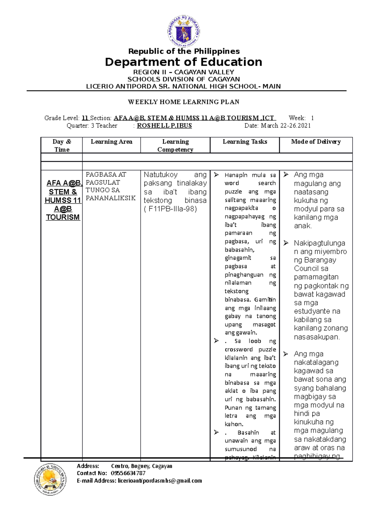 WHLP 3RD Q - Weekly home learning plan - Republic of the Philippines ...