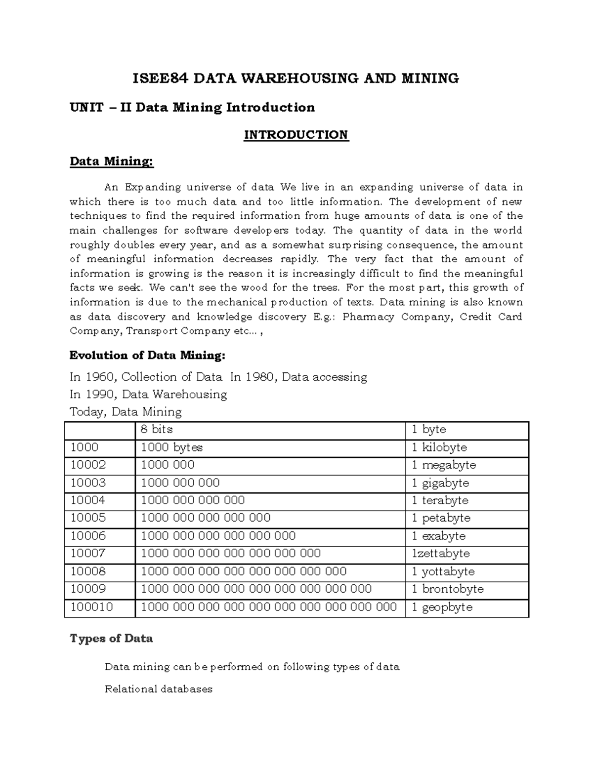 M.Sc. SE IVth yr ISEE84 Data Warehouse and Mining - ISEE84 DATA WAREHOUSING AND MINING UNIT – II ...
