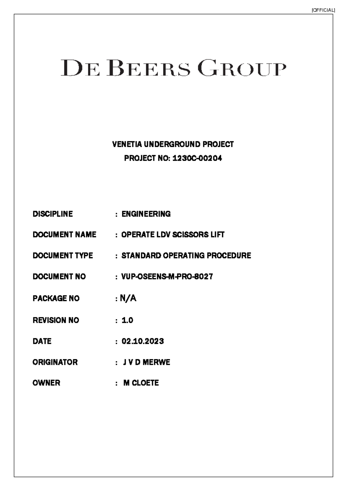 Operate LDV Scissors LIFT Procedure - VENETIA UNDERGROUND PROJECT ...