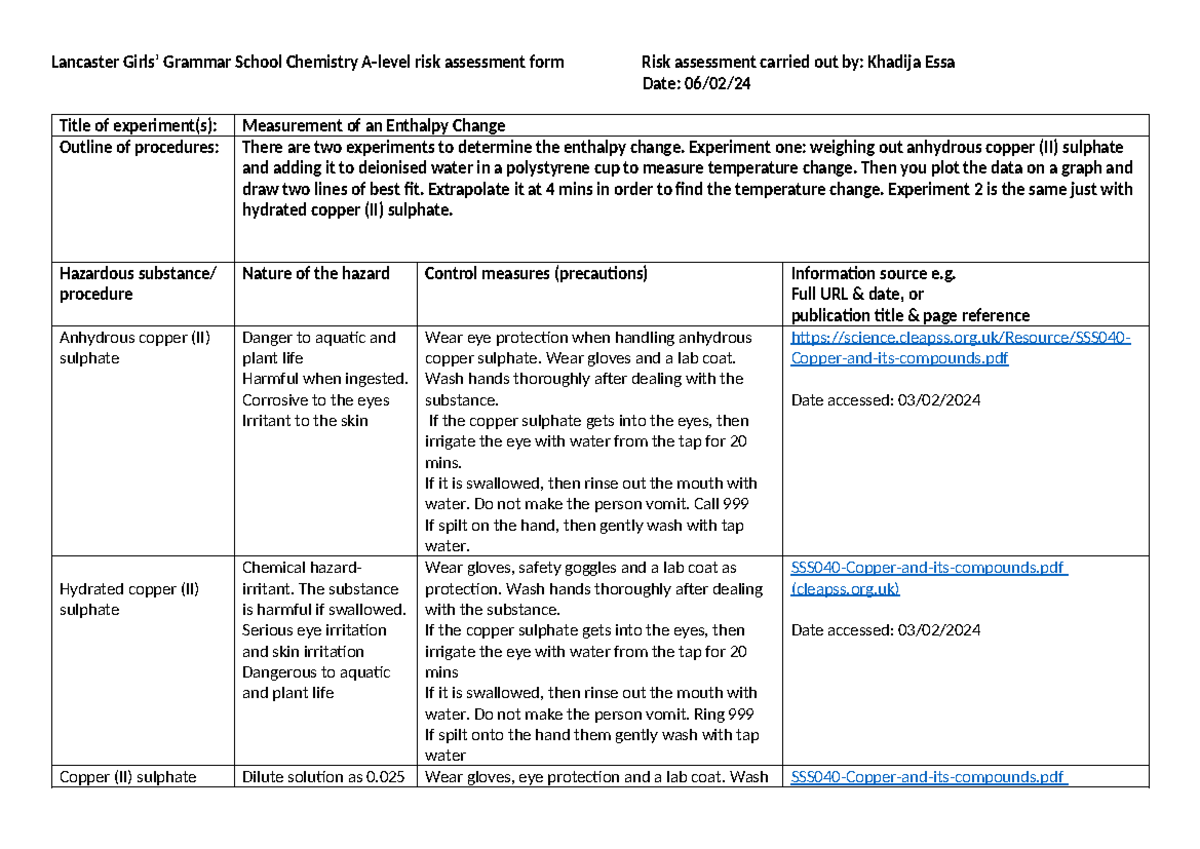 Rqp 2 risk assesment AQA - Lancaster Girls’ Grammar School Chemistry A ...