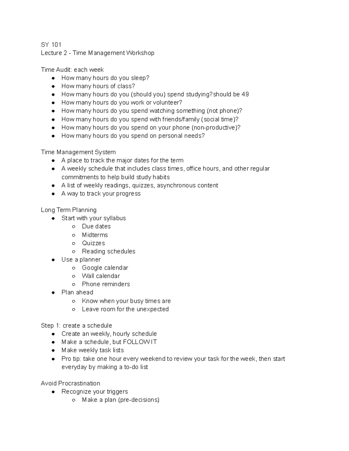 SY 101 - Lecture 2 Time Management Workshop - SY 101 Lecture 2 - Time ...
