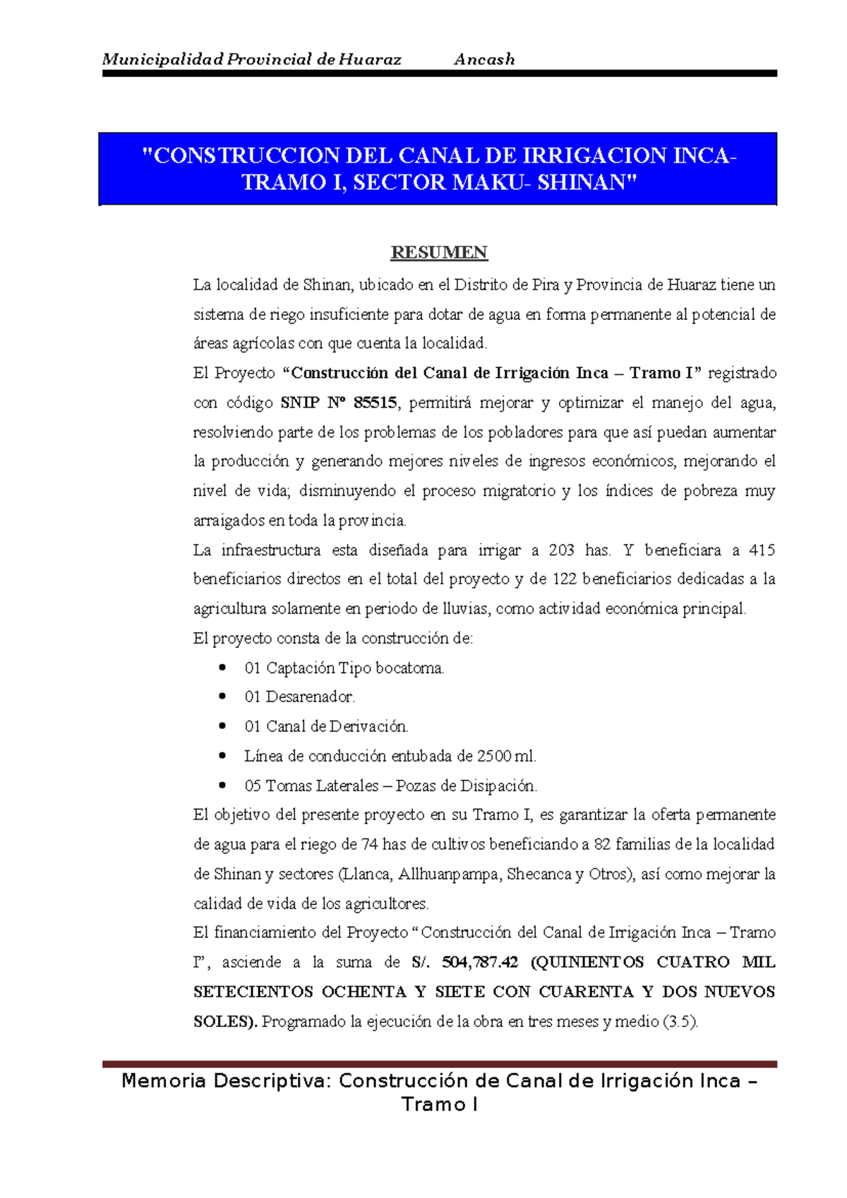 M. P. Canal Shinan - diseño primario - "CONSTRUCCION DEL CANAL DE ...