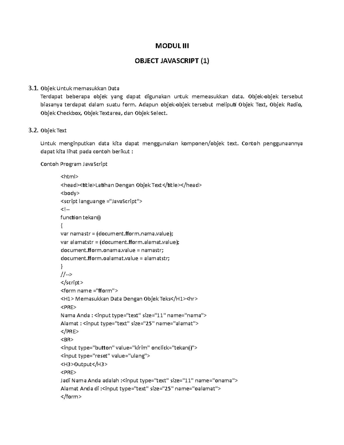 Bab 3 Object Javascript 1 Modul Iii Object Javascript 1 Objek Untuk