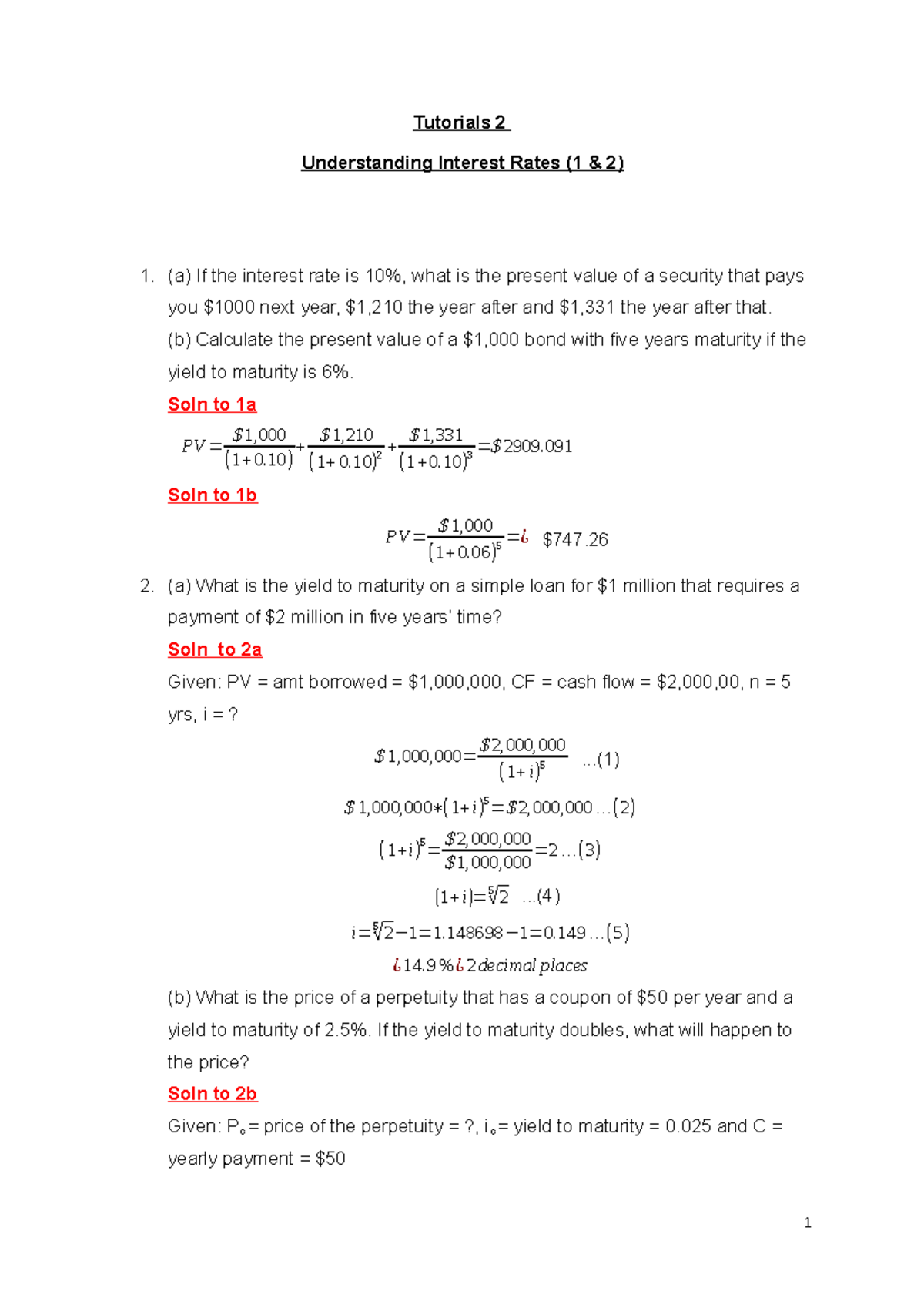 Tutorials 2 solns wks4&5 - Tutorials 2 Understanding Interest Rates (1 ...