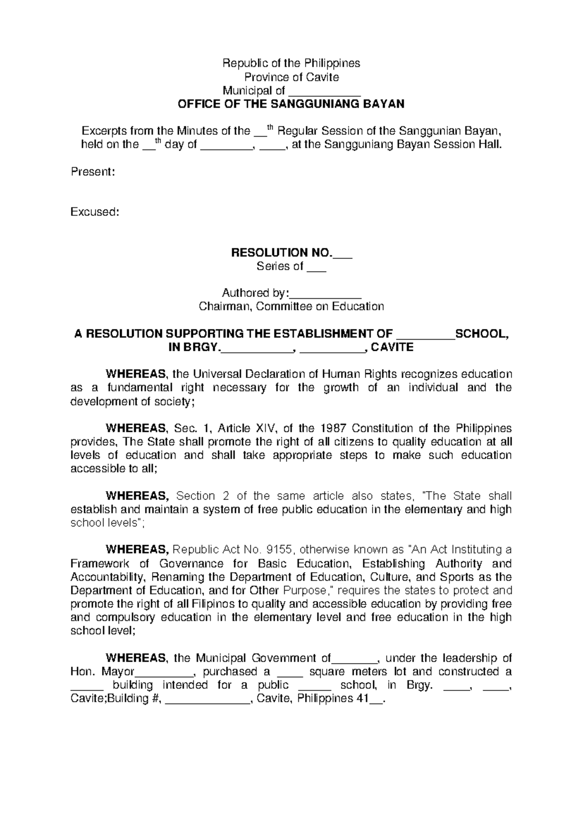 Sample Documents of resolution - Republic of the Philippines Province of Cavite Municipal of ...