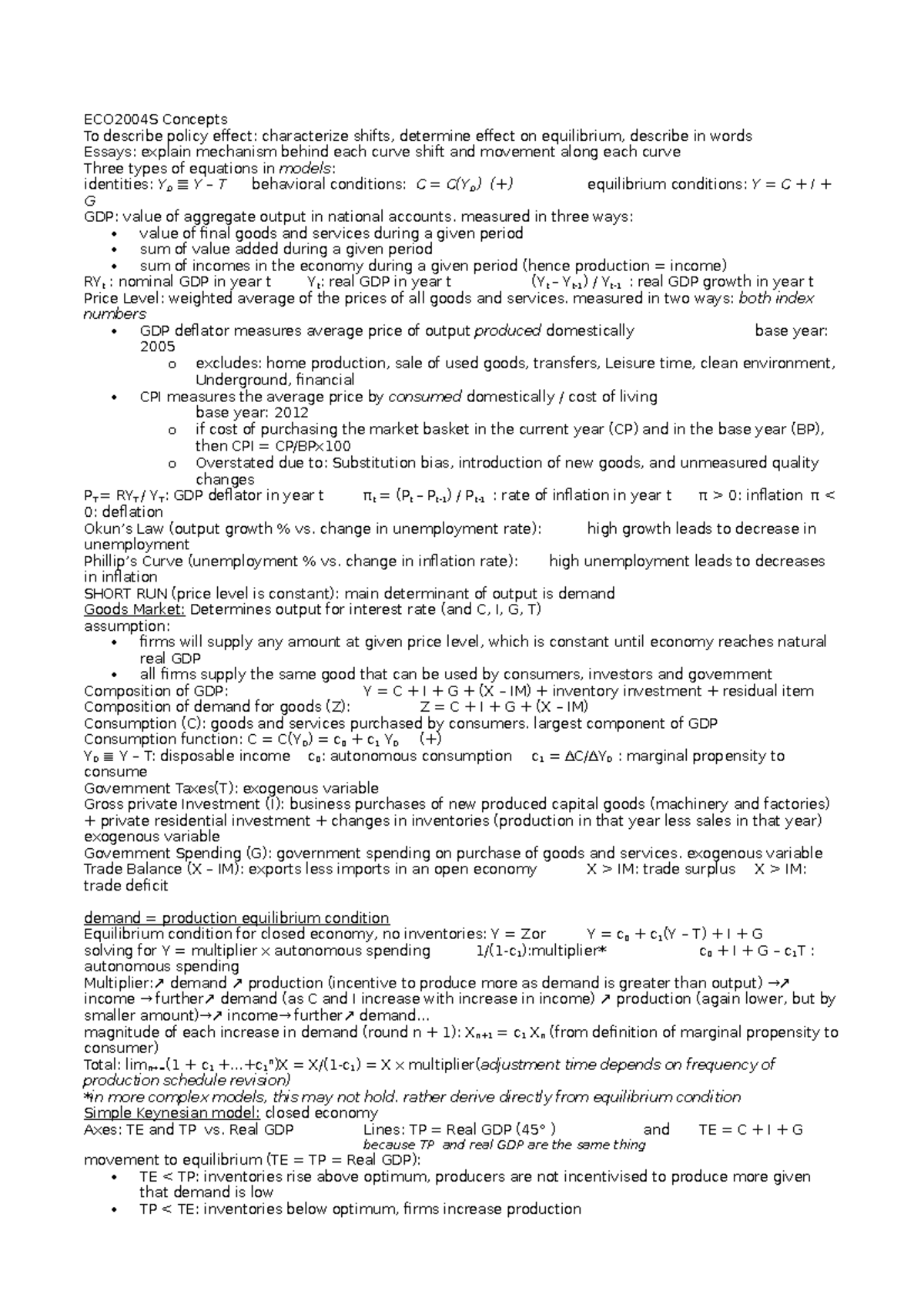 ECO2004 S concepts of the entire course - ECO2004S Concepts To describe ...