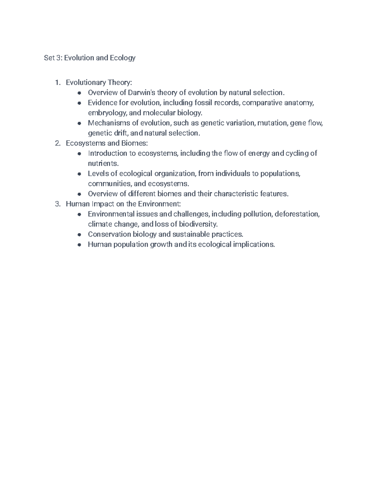 Set 3 Evolution and Ecology - Set 3: Evolution and Ecology Evolutionary ...