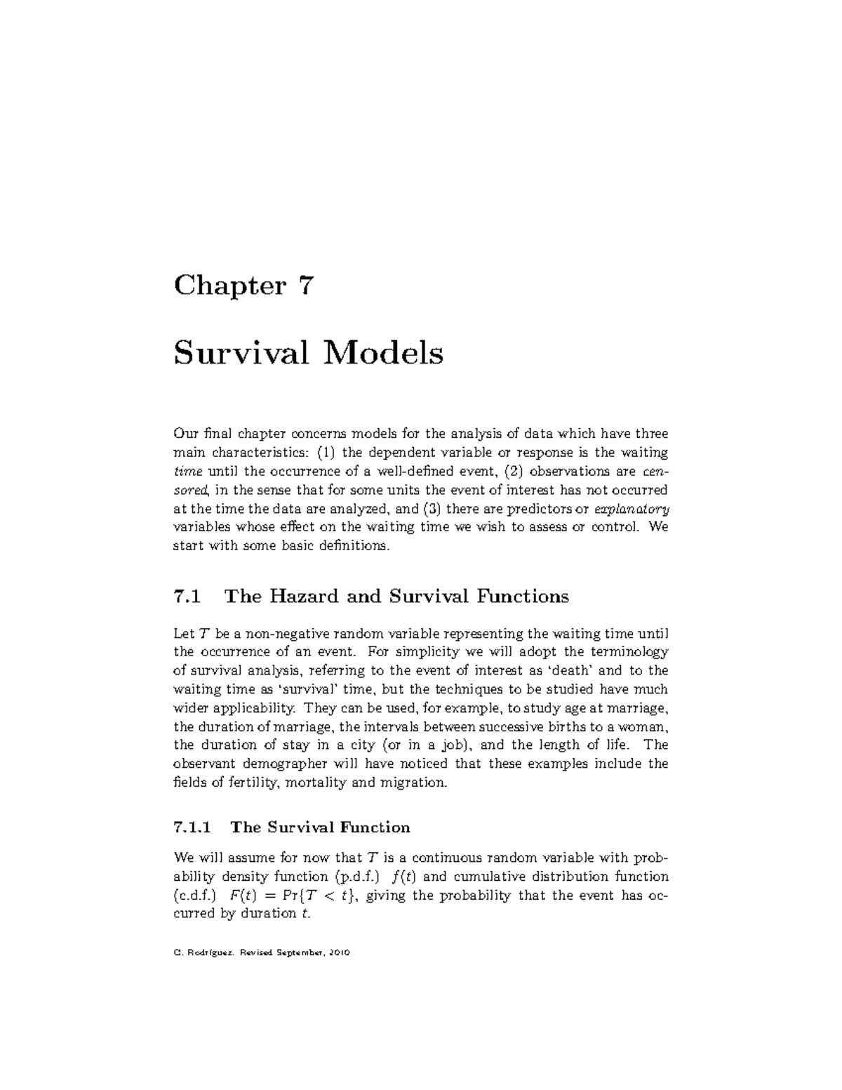 Survival Model Chapter 7 - Chapter 7 Survival Models Our final chapter ...
