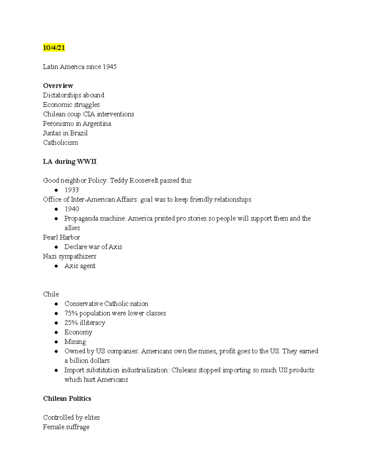 his 150 lecture notes chapter 8 - 10/4/ Latin America since 1945 ...