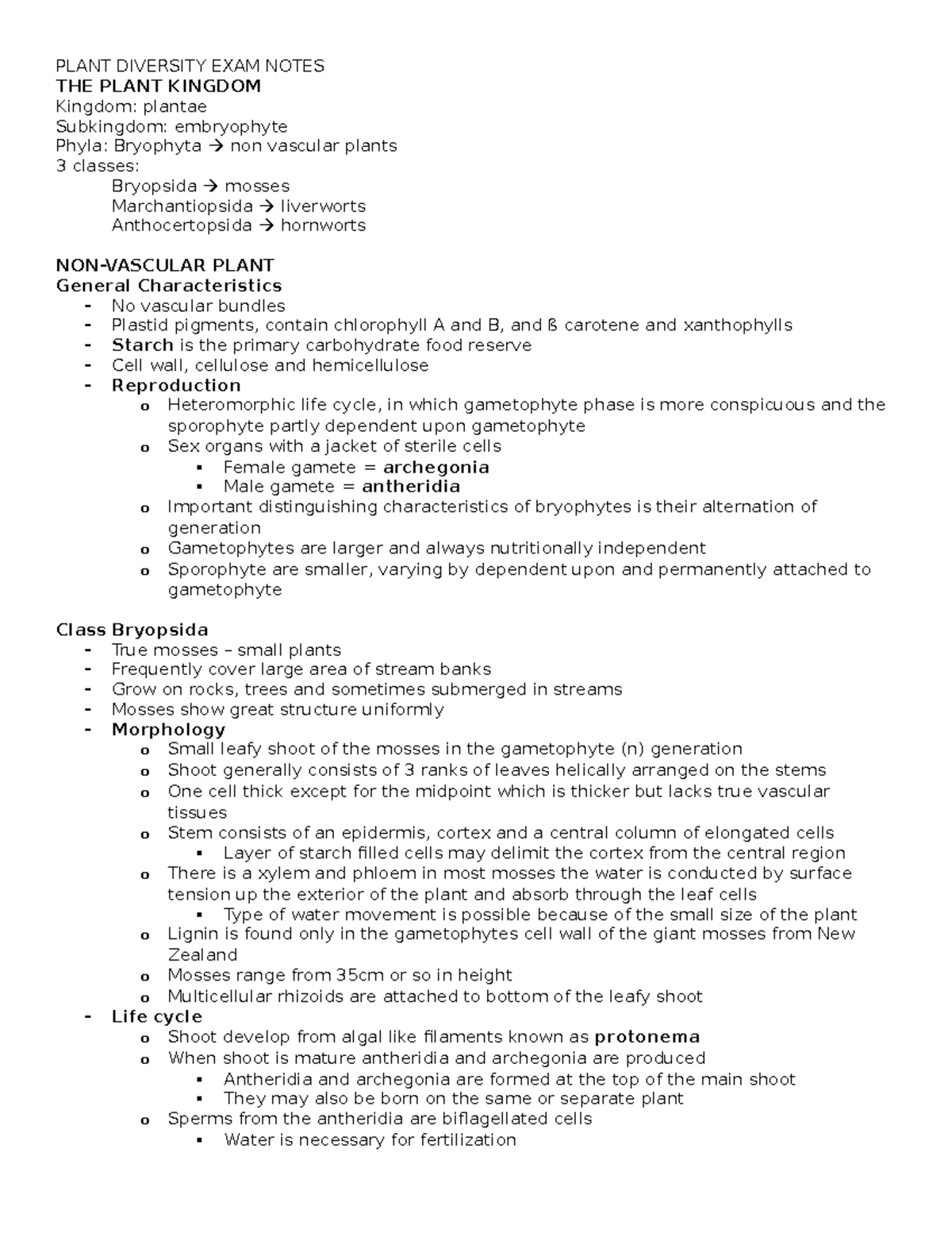 Plant Diversity Exam Notes - BIOL-2306EL - Laurentian - Studocu