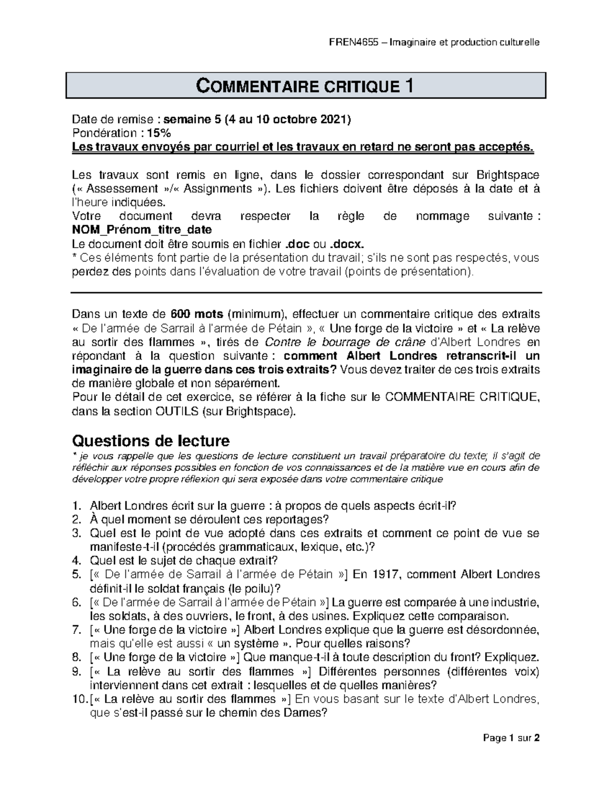 Commentaire Critique 1 A2021 - FREN4655 – Imaginaire et production ...