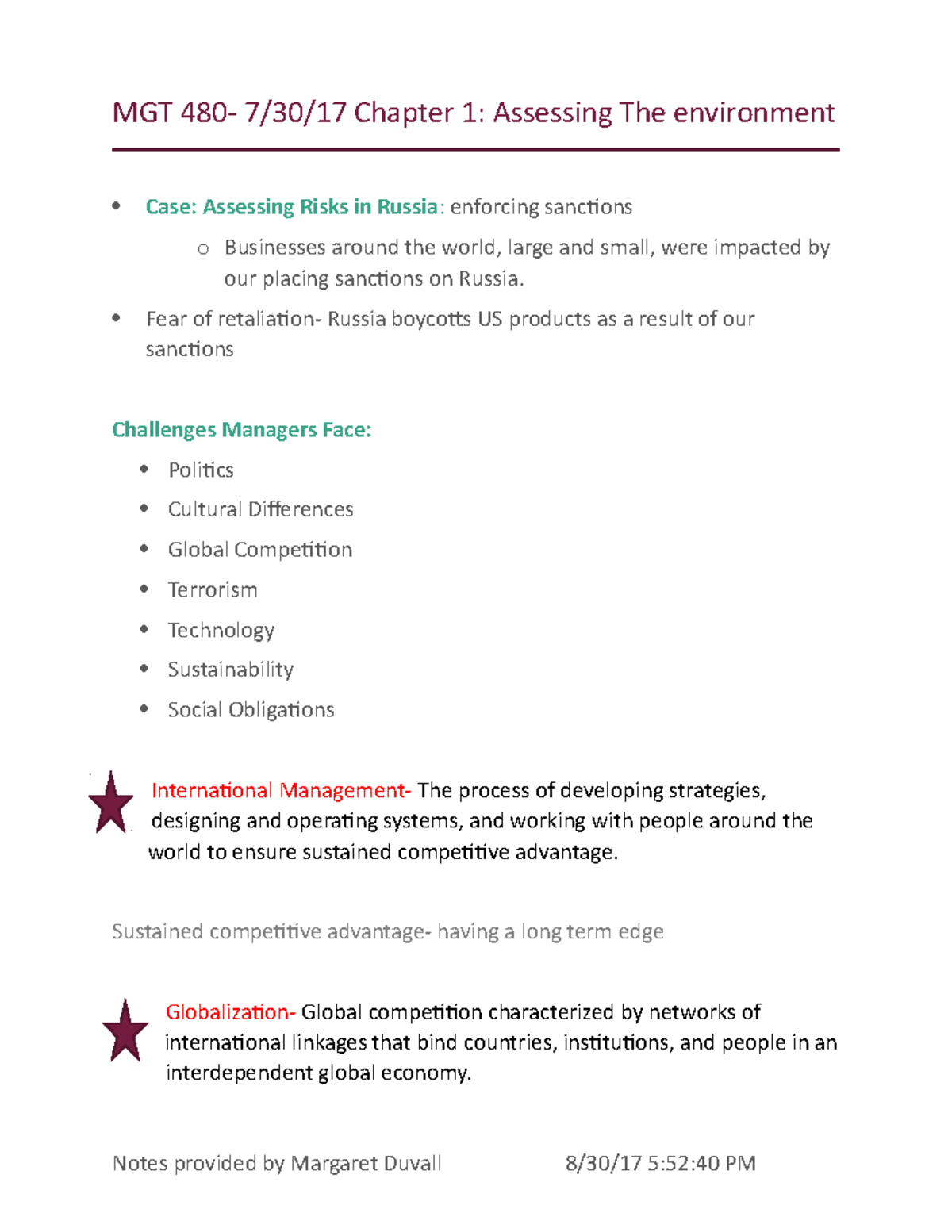 MGT 480 Lecture 1 notes - Chapter 1: Assessing The environment - MGT ...