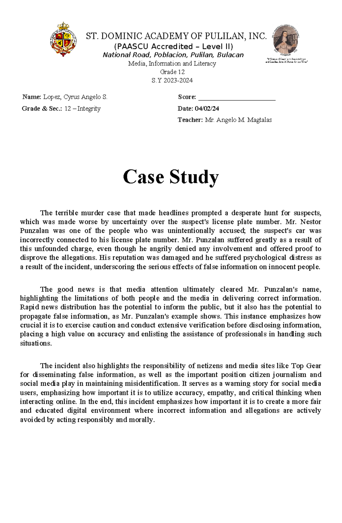 MIL Essay - ST. DOMINIC ACADEMY OF PULILAN, INC. (PAASCU Accredited ...