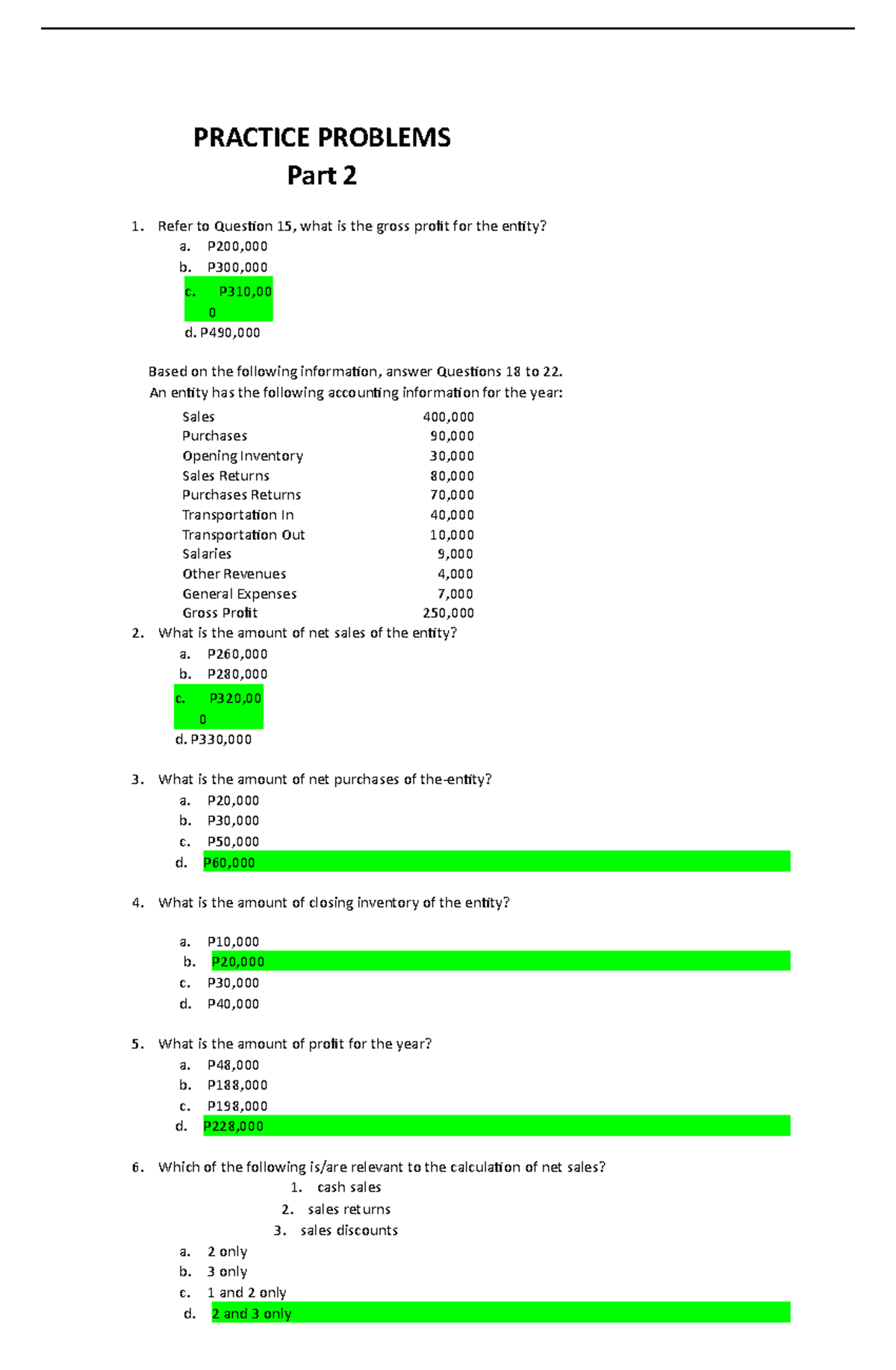 Practice Problems part 2 - PRACTICE PROBLEMS Part 2 Refer to Question ...