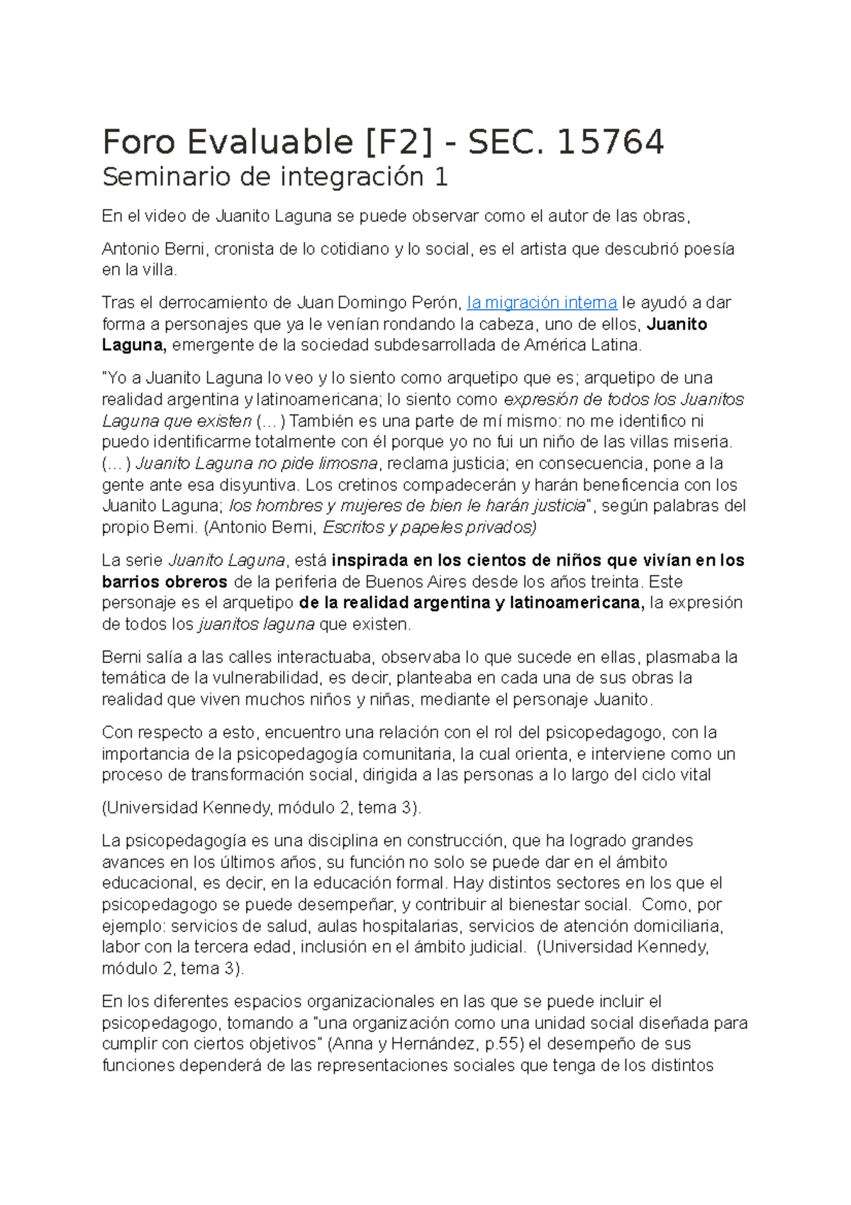 Foro evaluable 2- Seminario de Integración 1 - Foro Evaluable [F2] - SEC. 15764 Seminario de ...