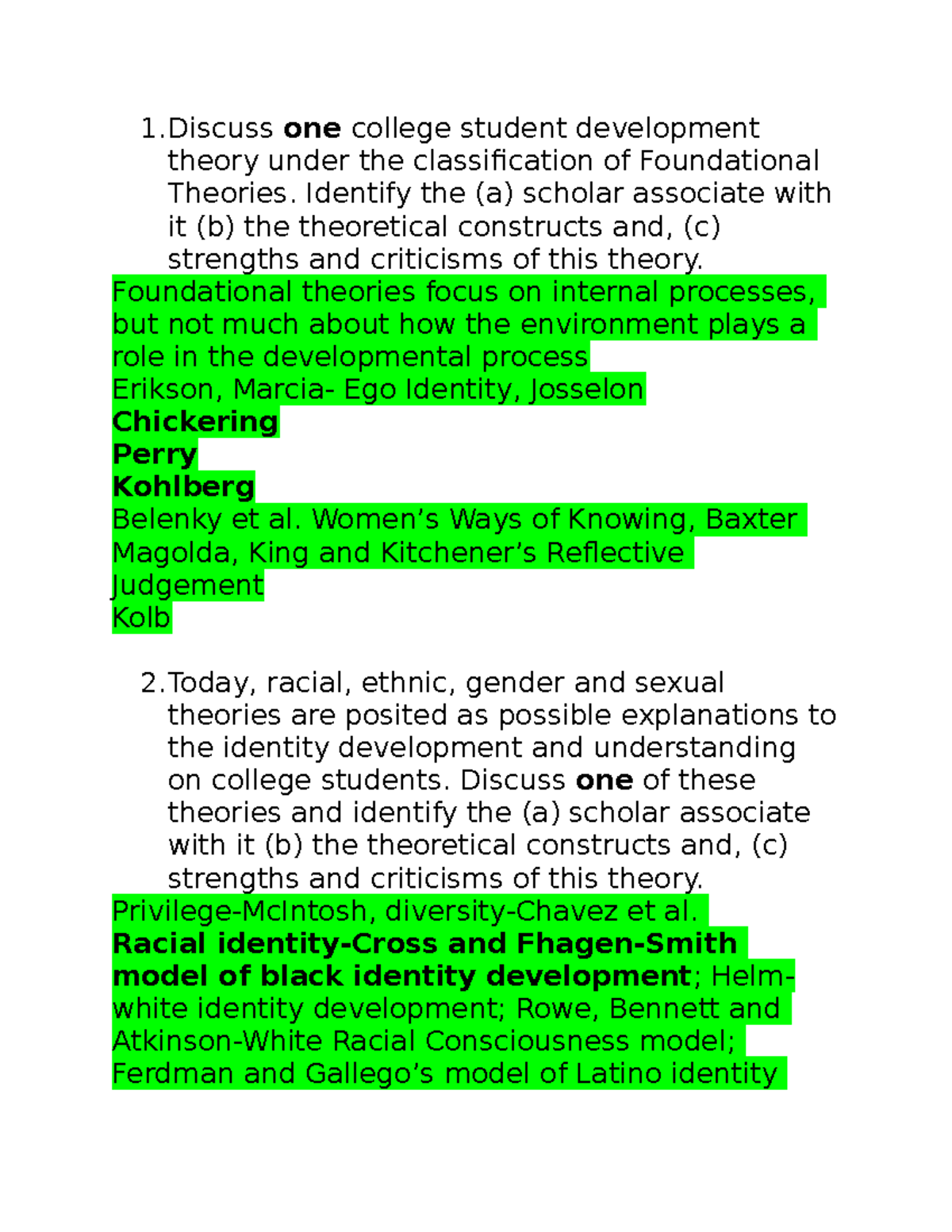 Midterm review - 1 one college student development theory under the ...