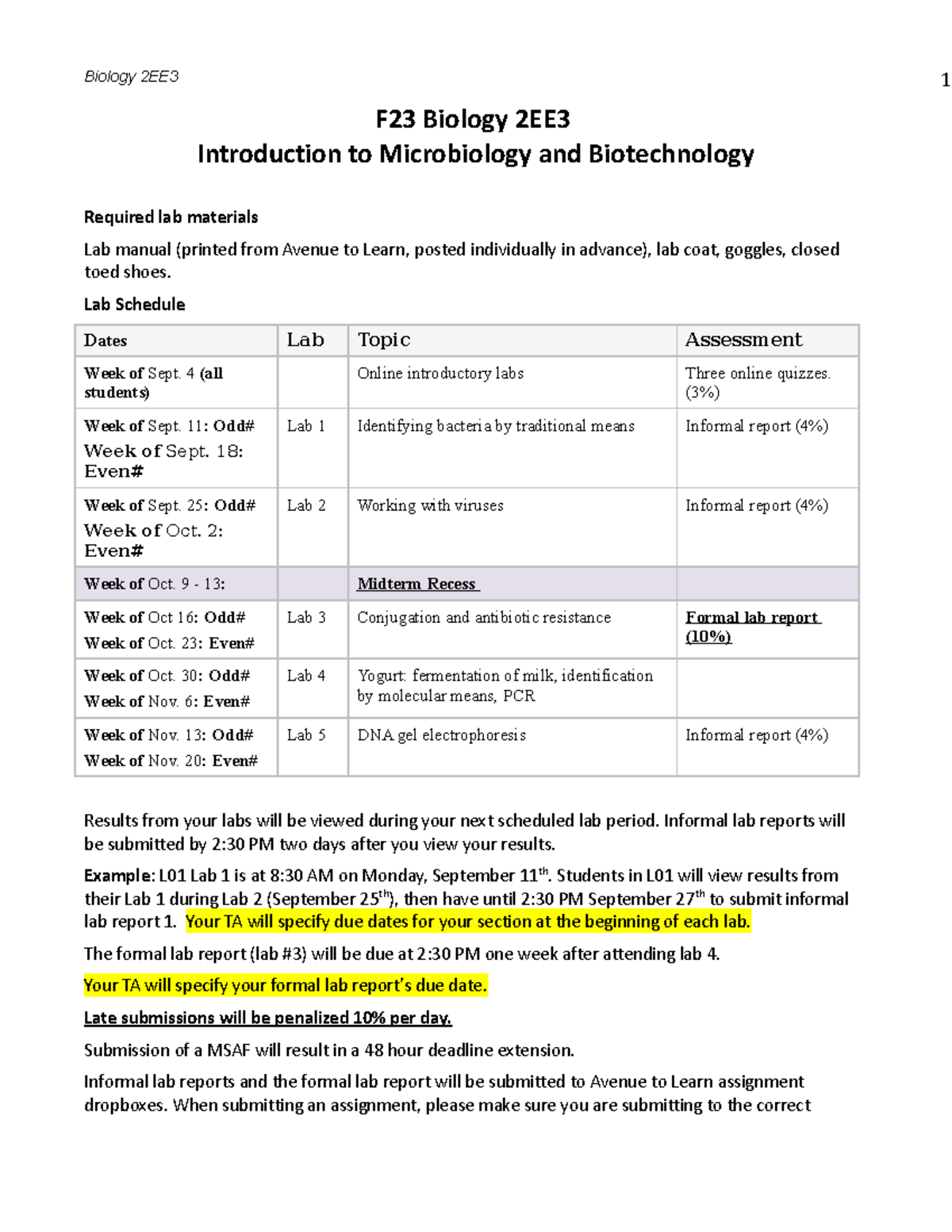 F23 Bio 2EE3 lab guide - biology - Biology 2EE F23 Biology 2EE ...
