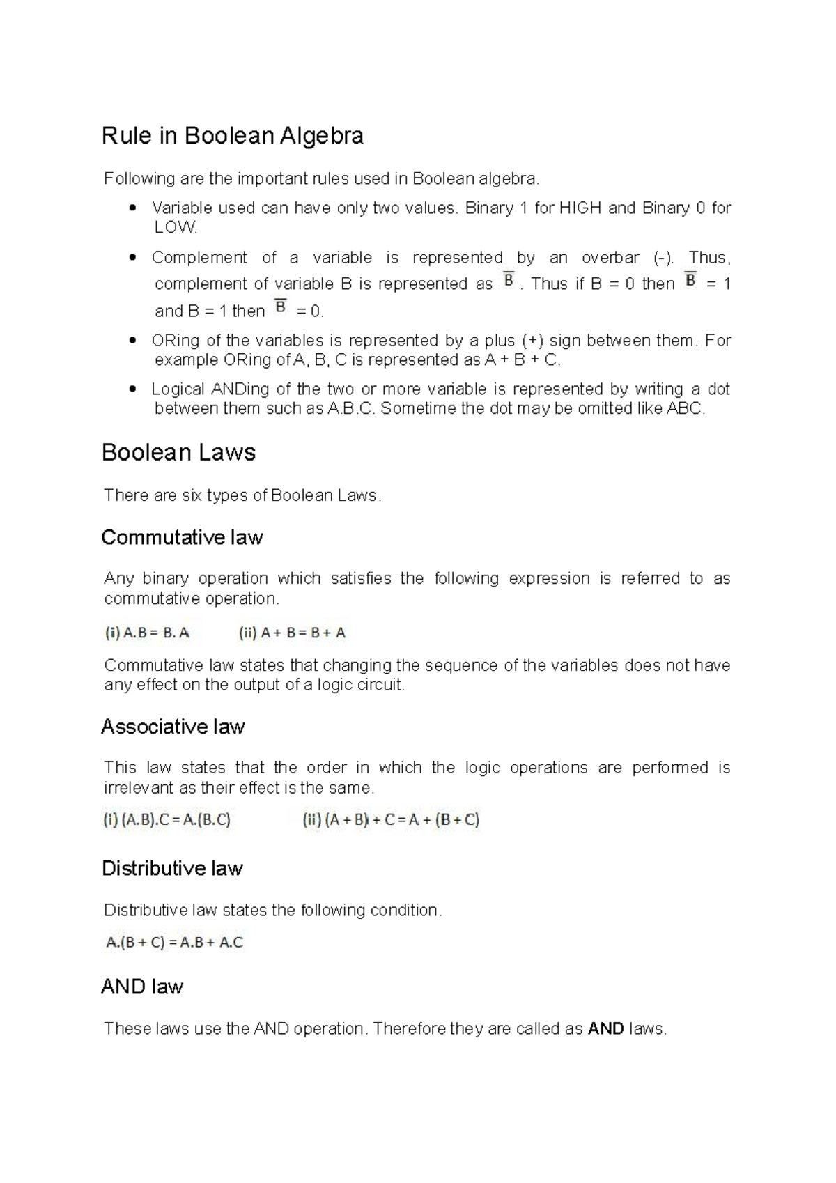 Boolean Algebra Notes Rule In Boolean Algebra Following Are The Important Rules Used In