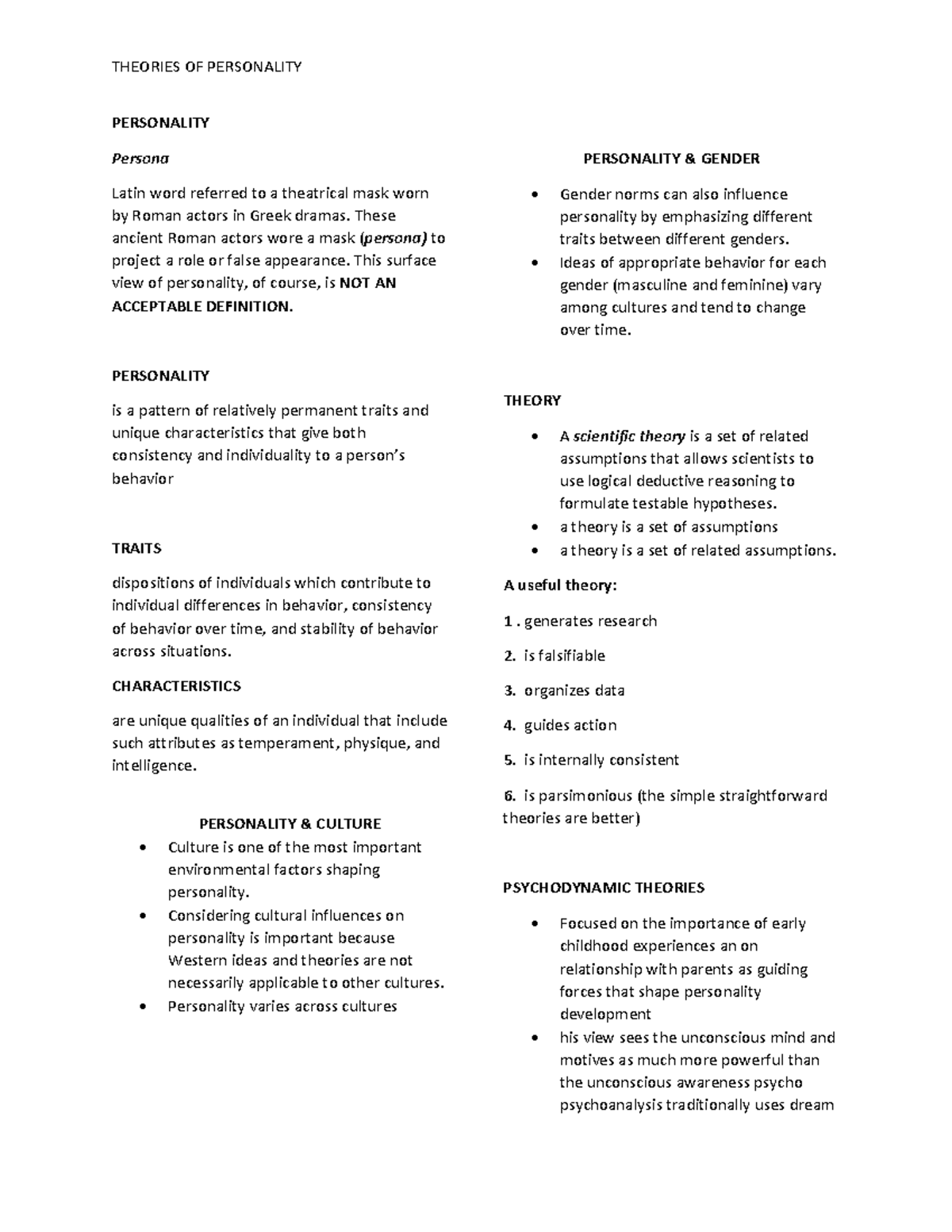 Theories of personality prelim reviewer - PERSONALITY Persona Latin ...