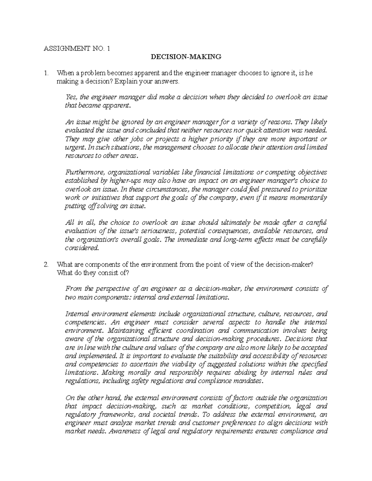 Eng'g Management Assignment No.1 (Decision Making) - ASSIGNMENT NO. 1 DECISION-MAKING When a ...