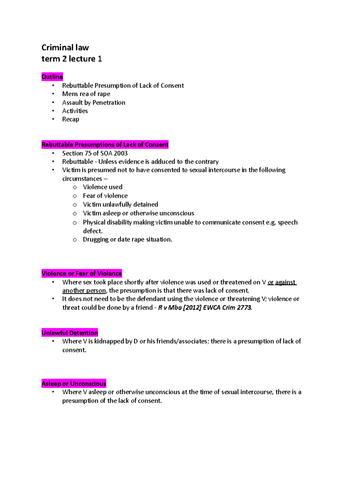 Criminal law term 2 lecture 1 - speech defect. o Drugging or date rape ...
