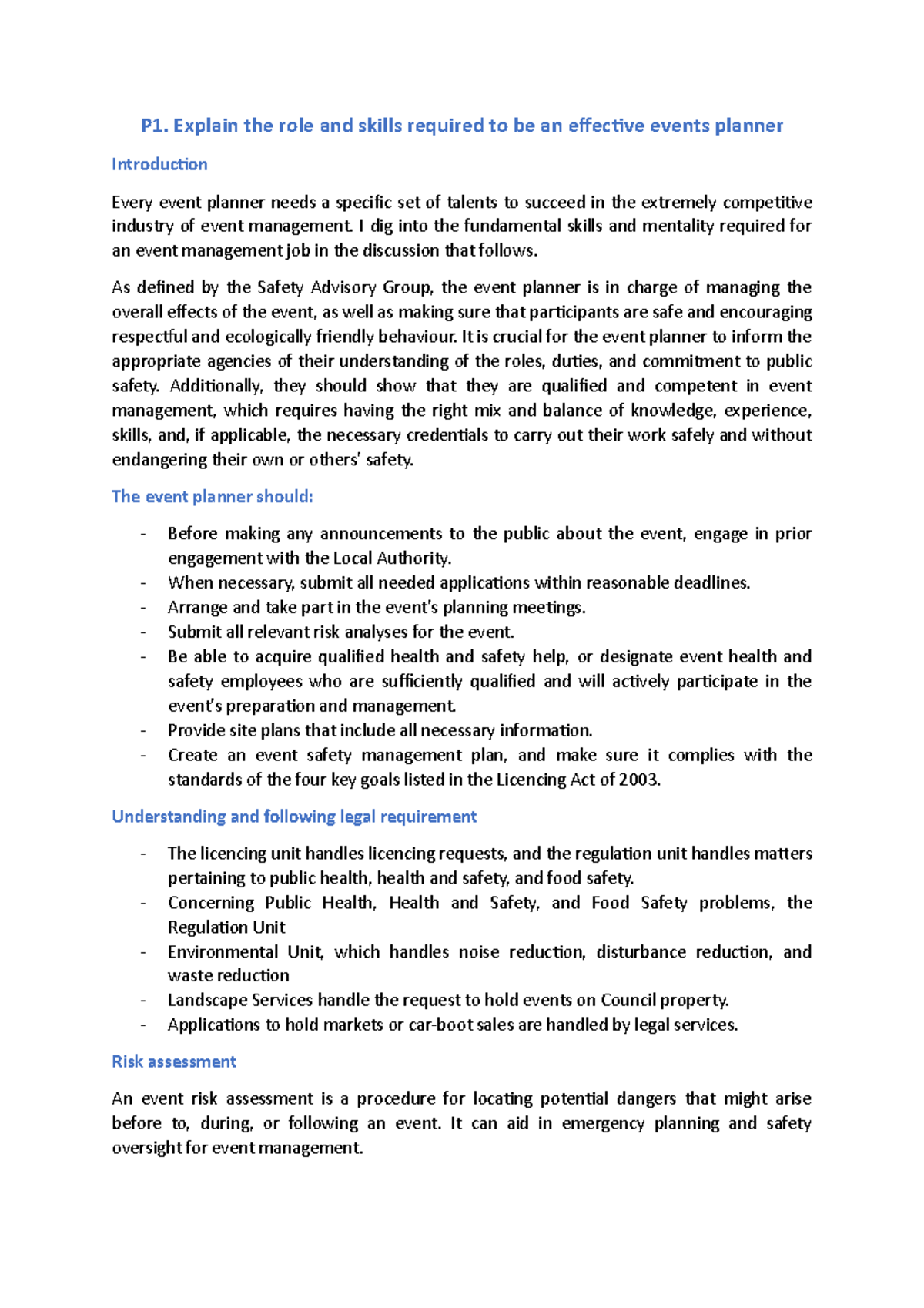 Unit4 P1 finished - ssssss - P1. Explain the role and skills required to be an effective events ...