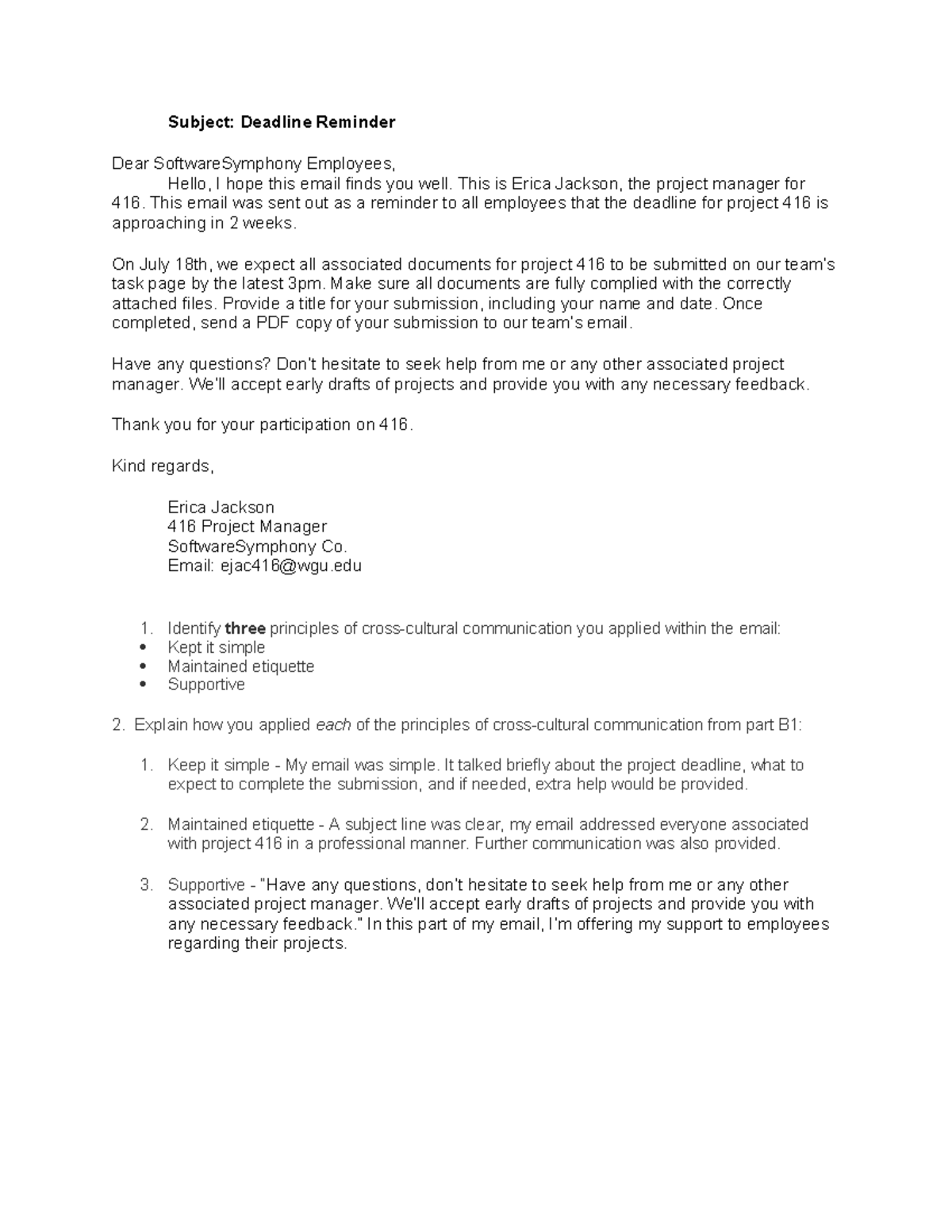 Email Task 1 - Subject: Deadline Reminder Dear SoftwareSymphony ...