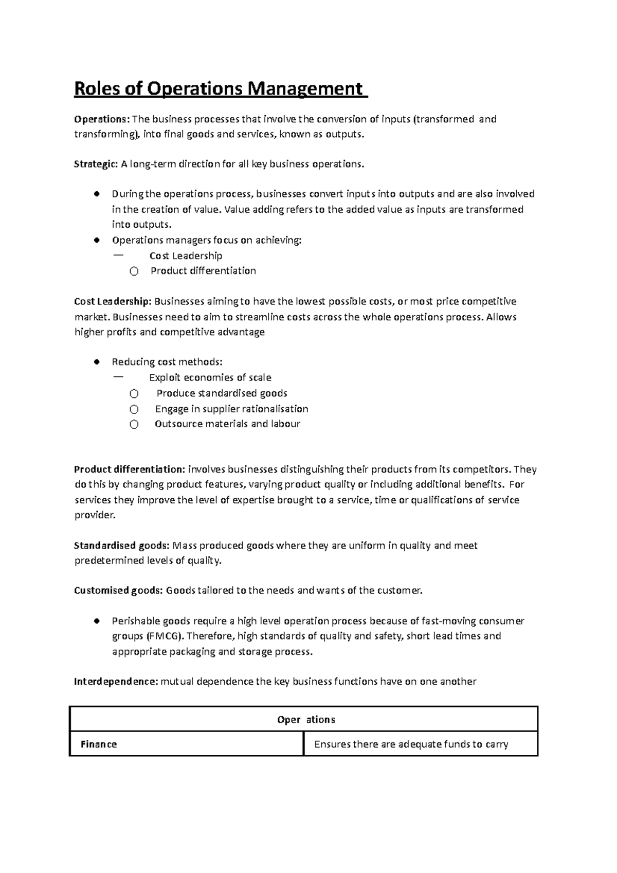 Operations notes - Roles of Operations Management Operations: The ...