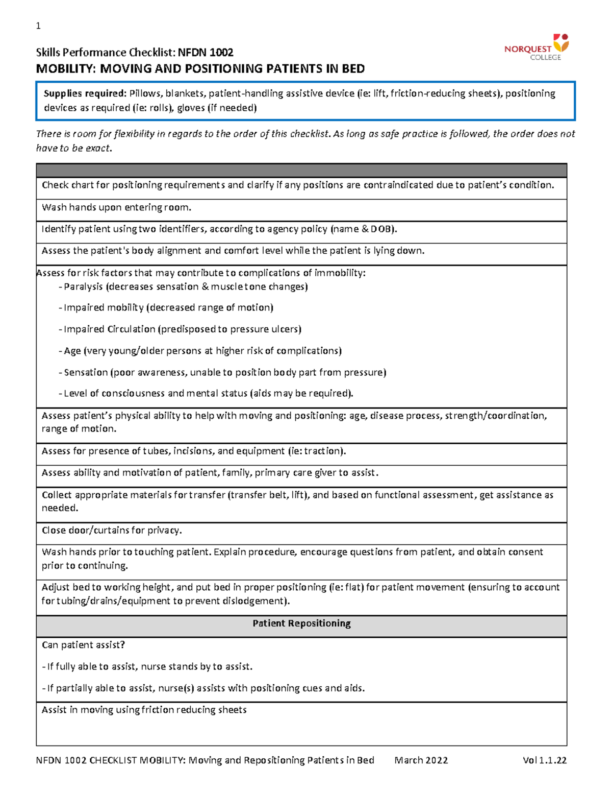 Mobility Moving and Repositioning Checklist Complete (1 ...