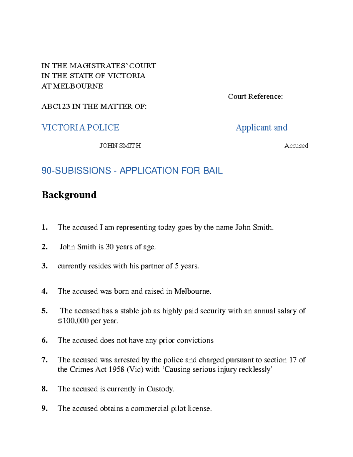 Part 1 of the bail application assignment 2 - LLW1002 - VU - Studocu
