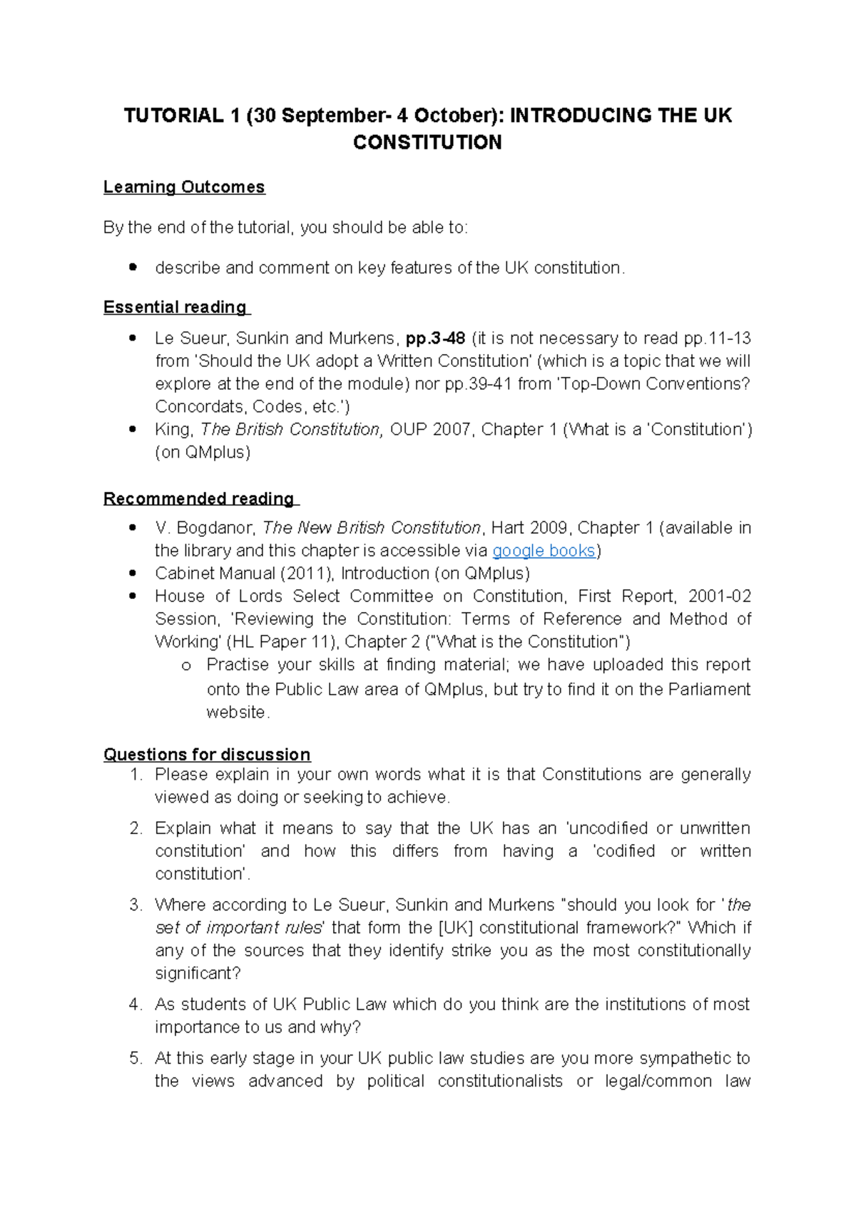 Tutorial 1 introducing the uk constitution - TUTORIAL 1 (30 September- 4 October): INTRODUCING ...