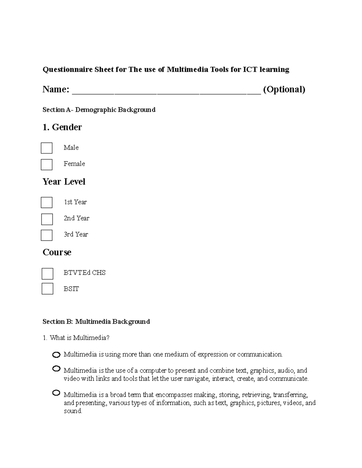 My-questionnaire - Jjhj - Questionnaire Sheet for The use of Multimedia ...